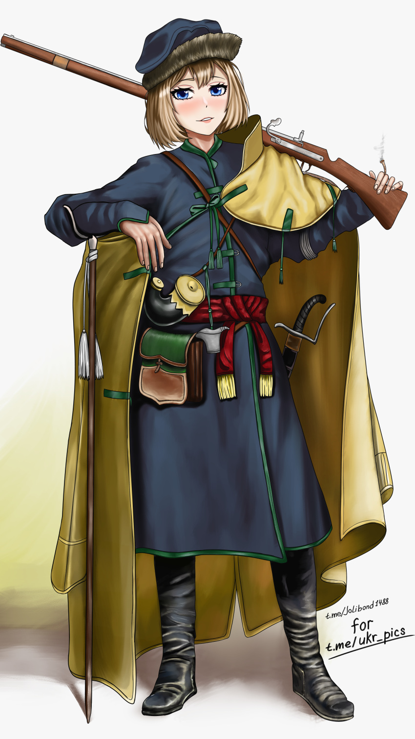 Safebooru - 1girl absurdres antique firearm artist name banner belt pouch black boots blonde ...