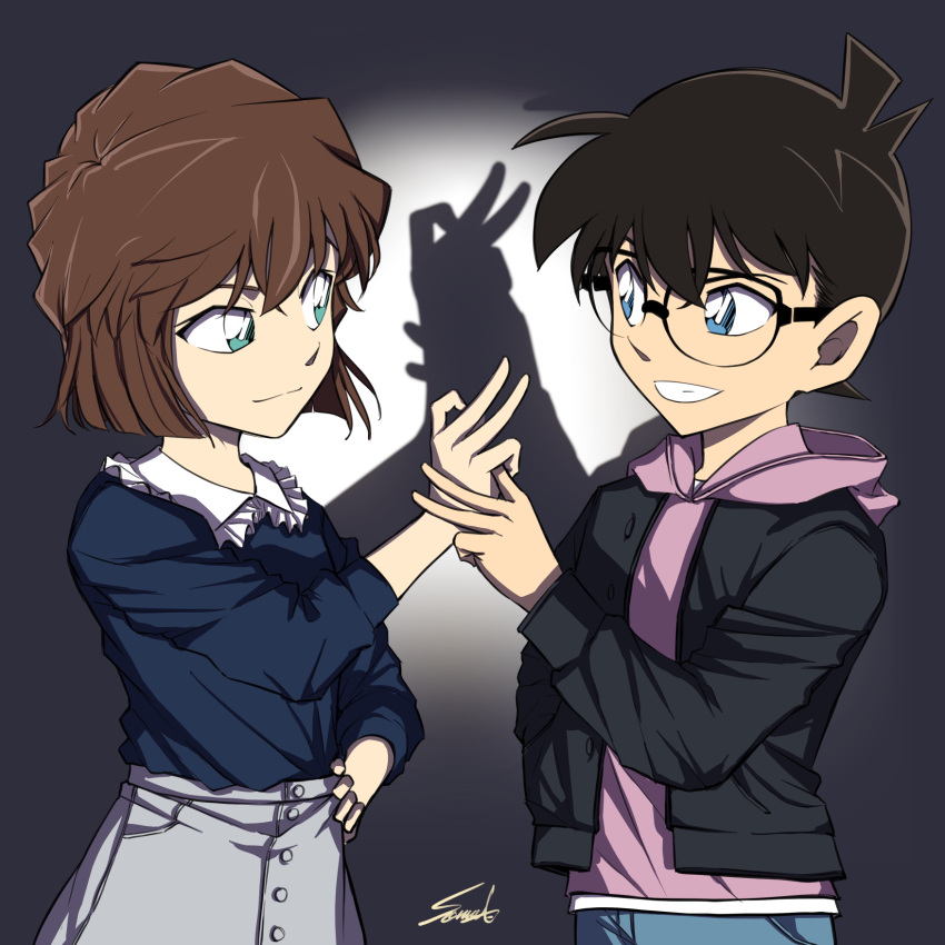Safebooru - 1boy 1girl black-framed eyewear black jacket blue eyes blue pants blue shirt brown ...