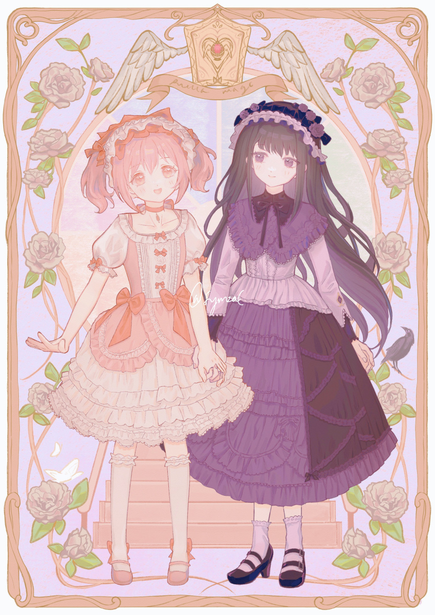 Safebooru - 2girls :d absurdres akemi homura alternate costume black hair black shoes bonnet bow ...