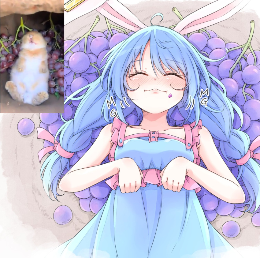 Safebooru - 1girl animal ears bare shoulders blue dress blue hair blush closed eyes dress food ...