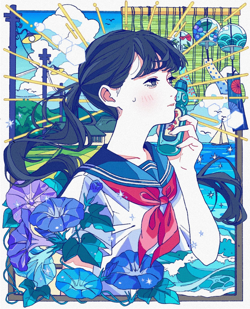 Safebooru - 1girl black eyes black hair blue flower blue sailor collar blue sky blush border ...
