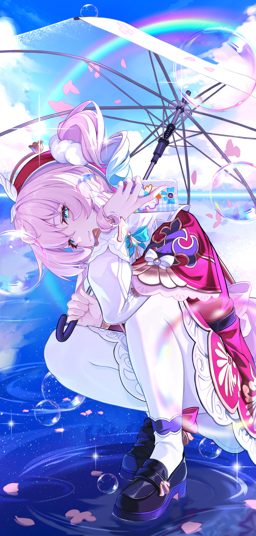 Safebooru - 1girl absurdres aqua eyes aqua hair binghaiankang black shoes blue sky closed mouth ...