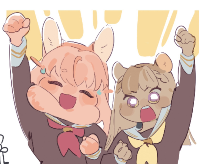 Safebooru - 2girls :d ^ ^ animal ears arm up braid brown dress brown ...