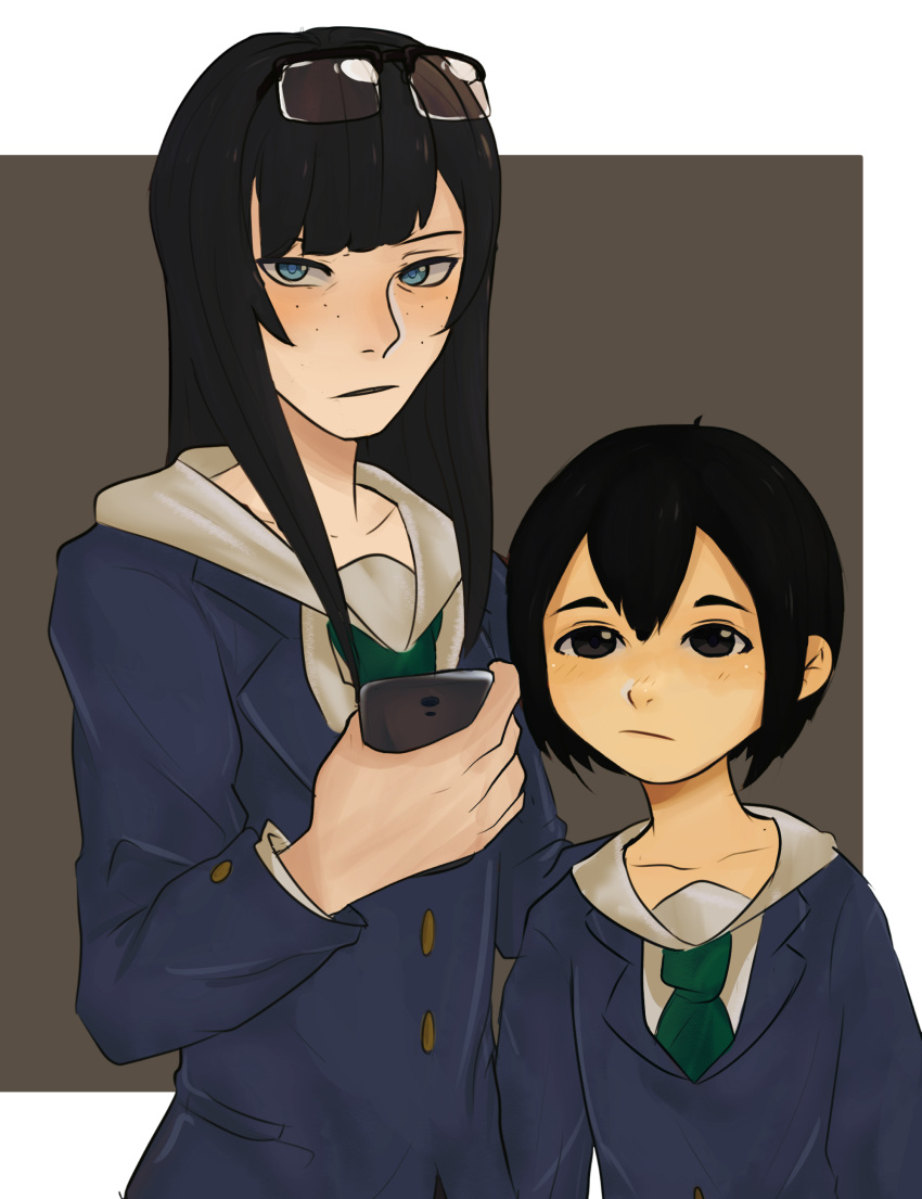 Safebooru - 2girls absurdres arm around shoulder arms at sides asakusa midori asymmetrical bangs ...