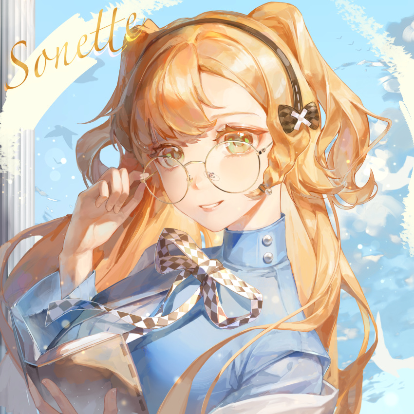 Safebooru - 1girl absurdres adjusting eyewear asymmetrical sidelocks black bow black hairband ...