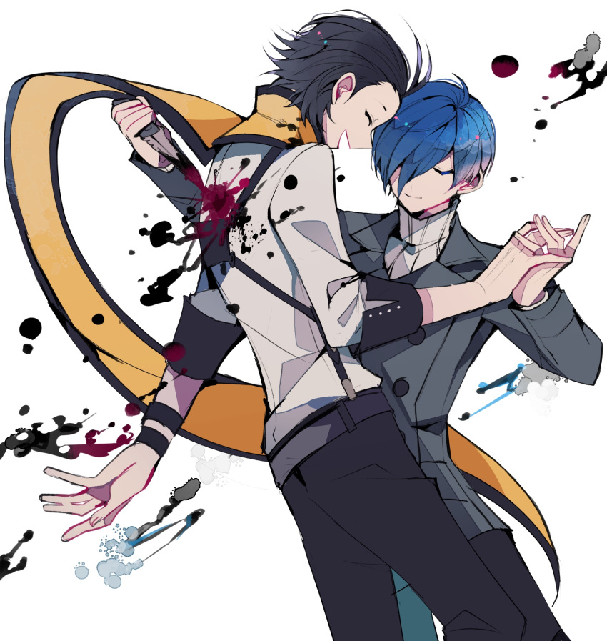 Safebooru - 2boys backstab black hair black pants black sleeves blood ...