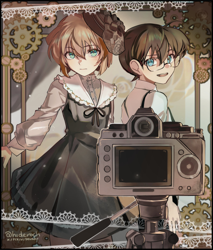 Safebooru - 1boy 1girl absurdres black-framed eyewear black hair blue eyes brown hair camera ...