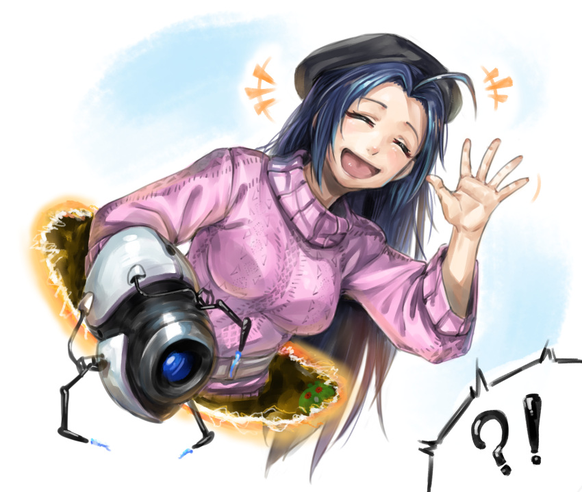 Safebooru - !? 1girl aperture science handheld portal device arm up beret black hair blue hair ...