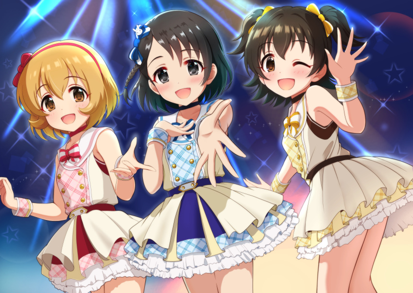 Safebooru - 3girls :d absurdres akagi miria black eyes black hair blonde hair blue bow blue ...