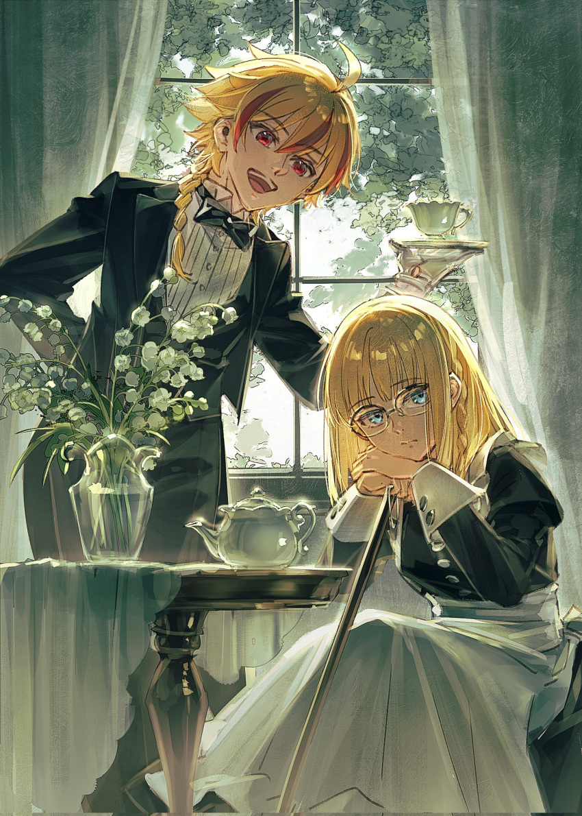 Safebooru - 1boy 1girl ahoge alternate costume black dress black pants black suit blonde hair ...