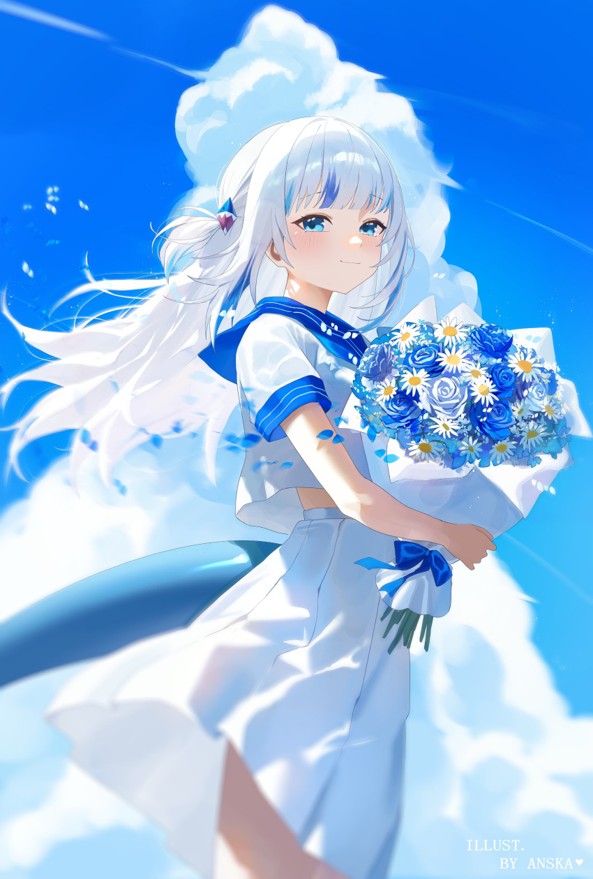 Safebooru - 1girl absurdres blue eyes blue flower blue hair blue rose blue sailor collar blue ...