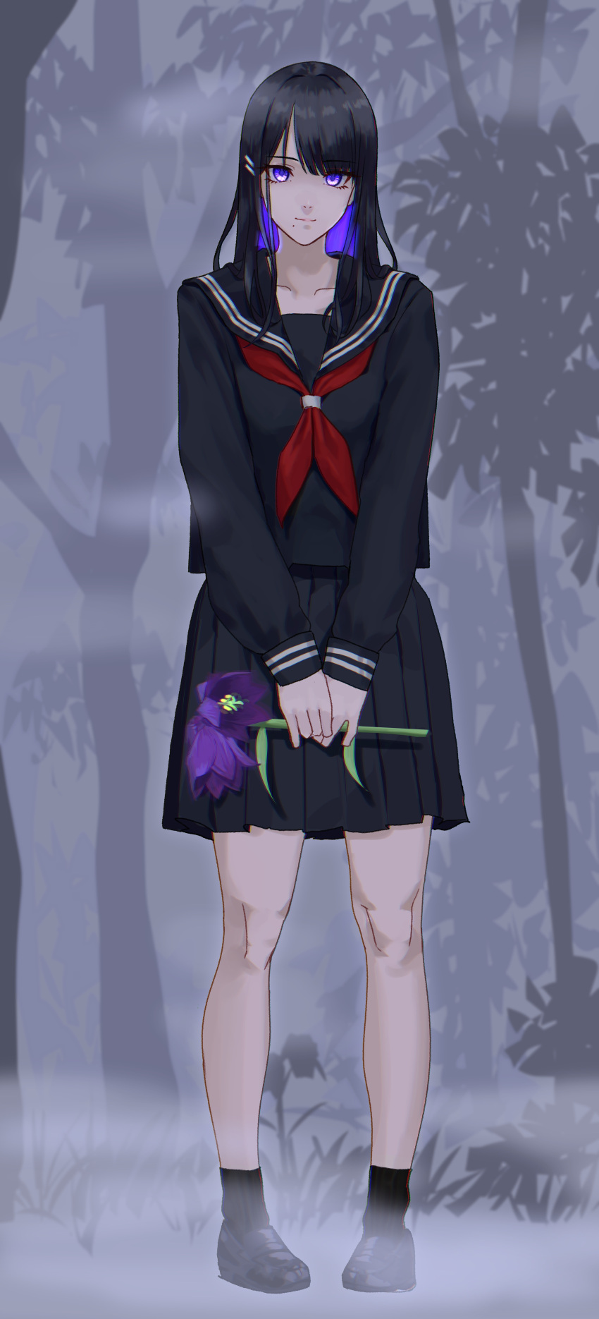 Safebooru - 1girl absurdres black hair black serafuku black shoes black socks colored inner hair ...