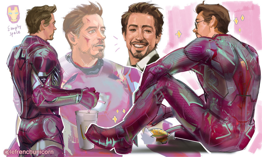 Safebooru - 1boy arc reactor armor artist name back black-framed eyewear black necktie blood ...