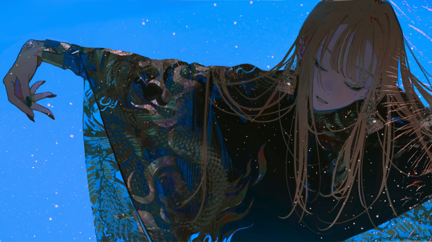 Safebooru 1girl Blue Background Blue Nails Brown Hair Commentary 6699