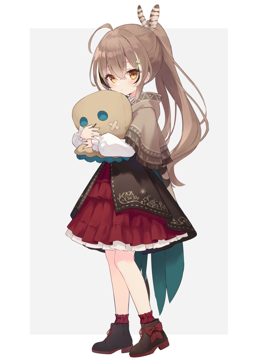 Safebooru - 1girl absurdres aged down ahoge aqua cape azuuru blush boots brown cape brown ...