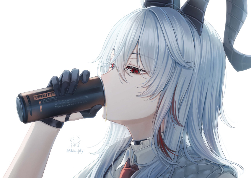 Safebooru - 1girl artist logo black choker black gloves black horns can choker collared shirt ...