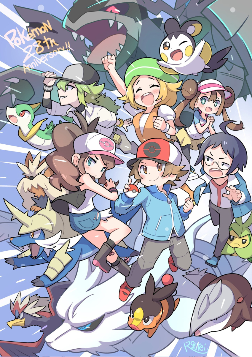 Safebooru - 3boys 3girls baseball cap bianca (pokemon) blonde hair braviary brown hair cheren ...