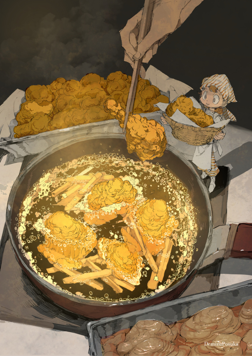 Safebooru - 1girl 1other apron basket brown hair chicken (food ...