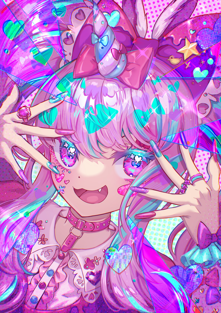 Safebooru - 1girl aqua hair bird blue nails bow colorful duck fake nails fang glass shards heart ...