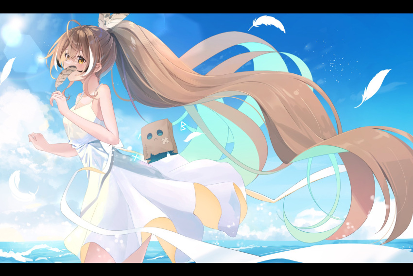 Safebooru - 1girl ahoge alternate costume black hair blue sky blush brown eyes brown hair clouds ...