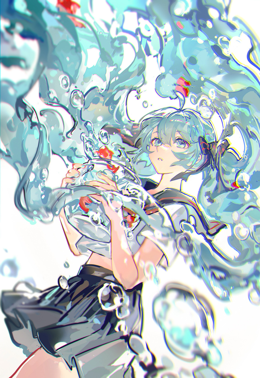 Safebooru - 1girl absurdres ahoge aqua eyes aqua hair black bow black sailor collar black skirt ...