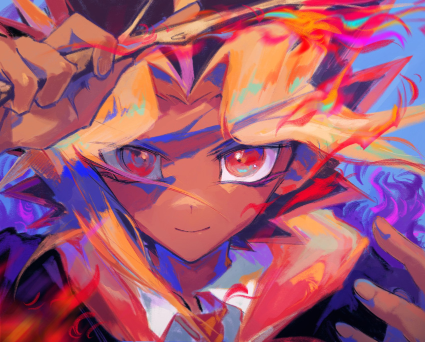 Safebooru - 1boy atem black hair blonde hair blue background closed ...