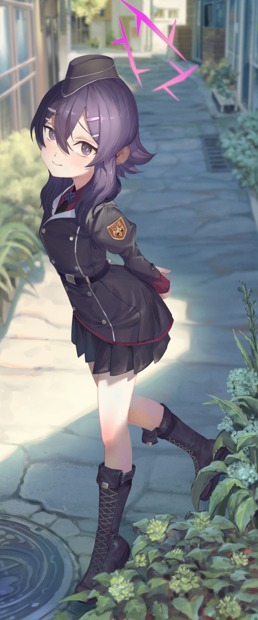 Safebooru - 1girl absurdres arms behind back black footwear black hat black jacket black skirt ...
