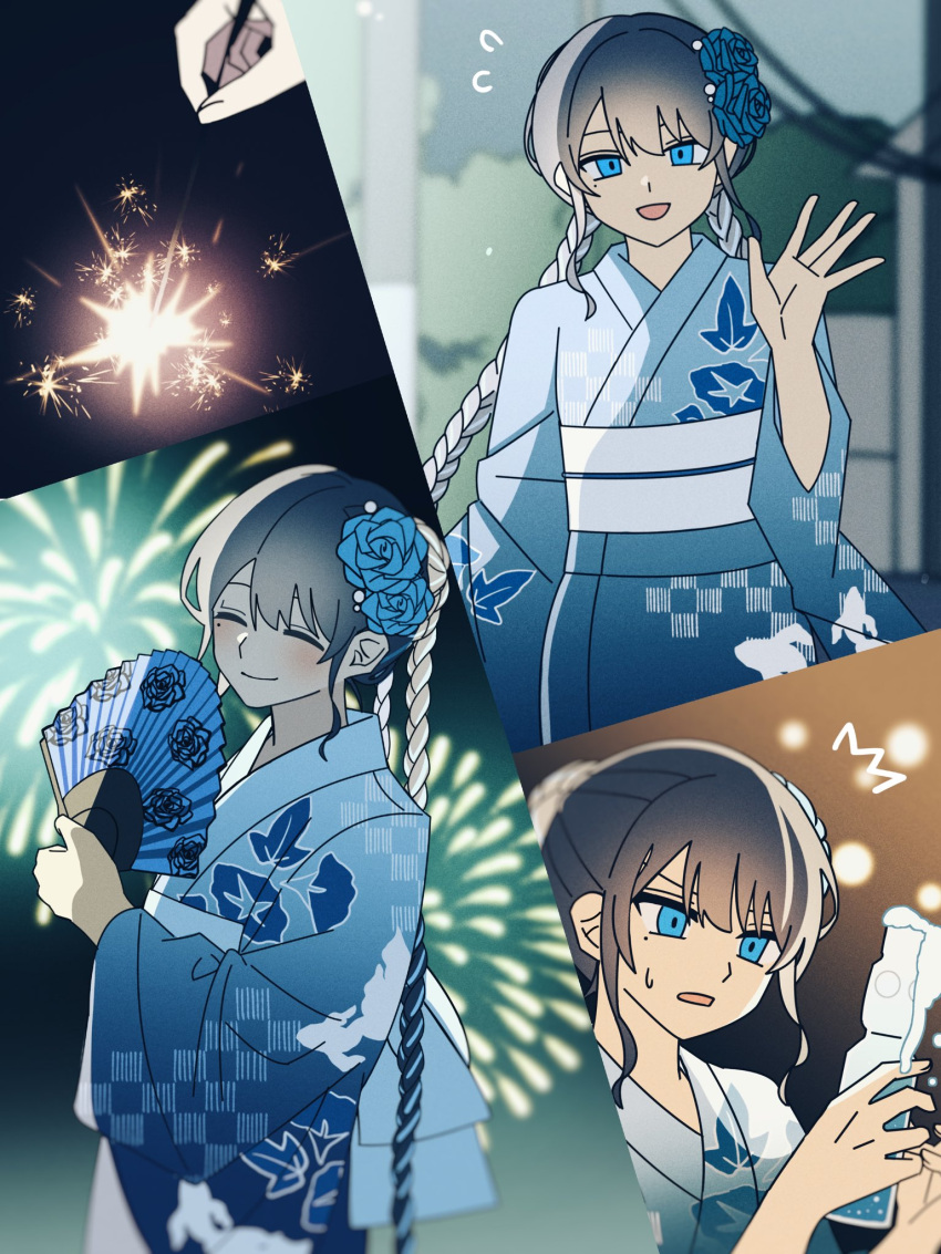 Safebooru - 1girl ado (utaite) aerial fireworks black hair blue eyes ...