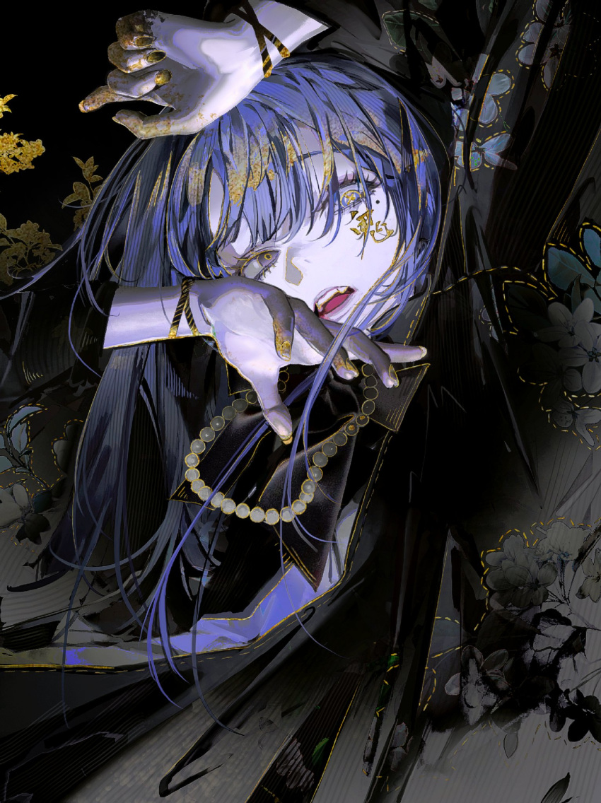 Safebooru - 1girl arm up bead necklace beads black background black flower blue hair bracelet ...