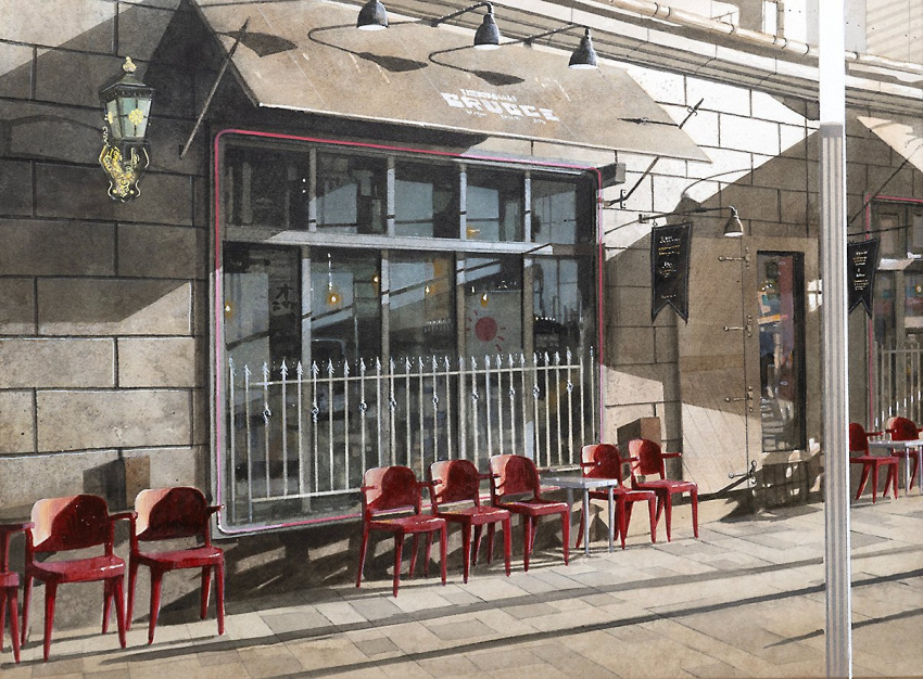 Safebooru - awning chair commentary request day door lamp no humans original outdoors painting ...