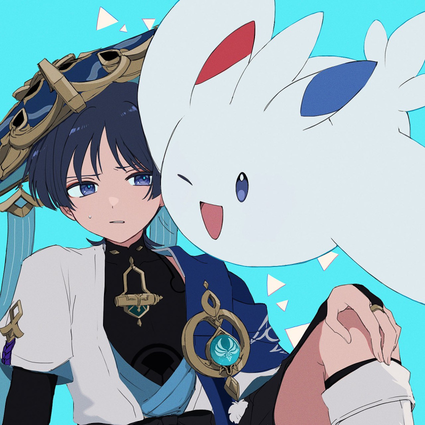 Safebooru - 1boy anemo symbol (genshin impact) aqua sleeves black bodysuit black hair black ...