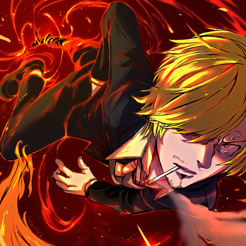 Safebooru - 1boy black jacket black pants black suit blonde hair cigarette dark background ...
