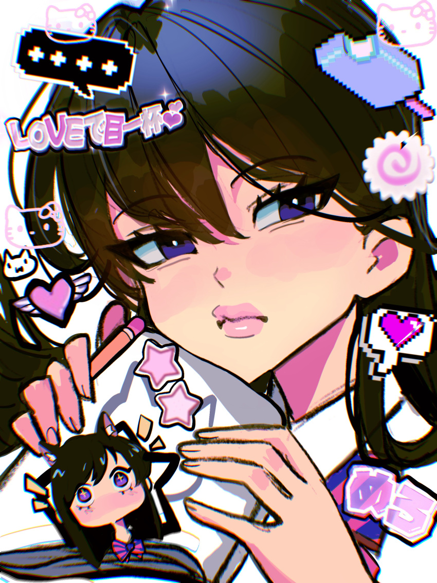 Safebooru - 0ping0 1girl absurdres black hair blue eyes book bow chibi ...