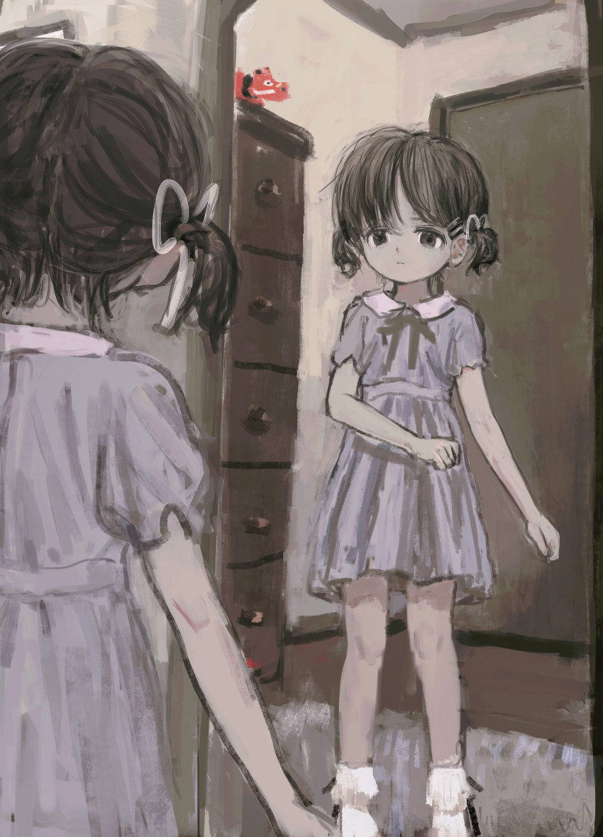 Safebooru - 1girl absurdres arikomen black bow black hair bow brown eyes chest of drawers closed ...