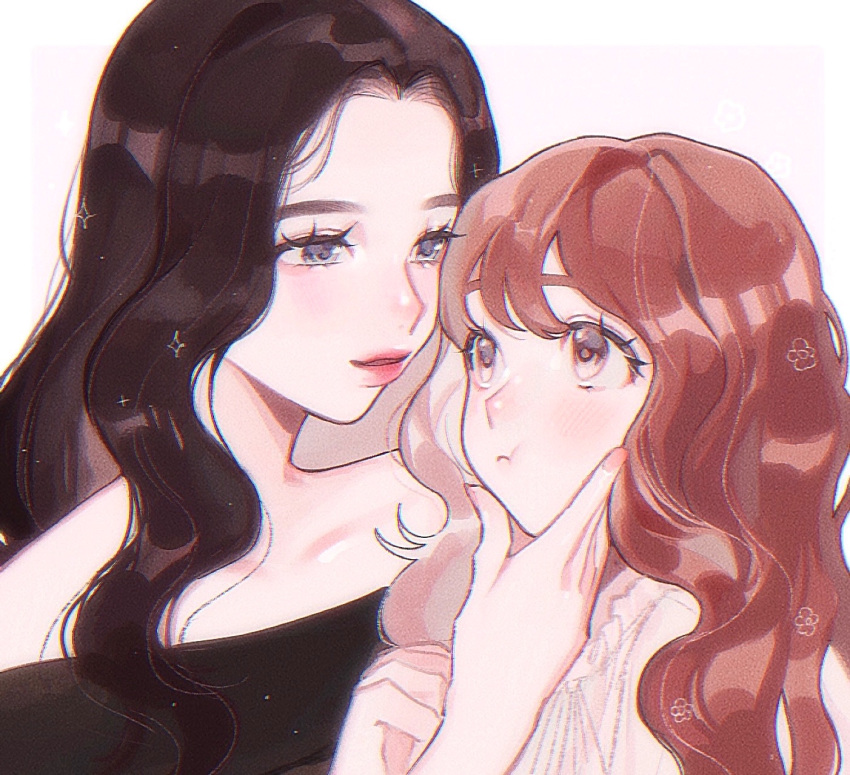 Safebooru - 2girls black hair black shirt blush brown eyes brown hair closed mouth commentary ...