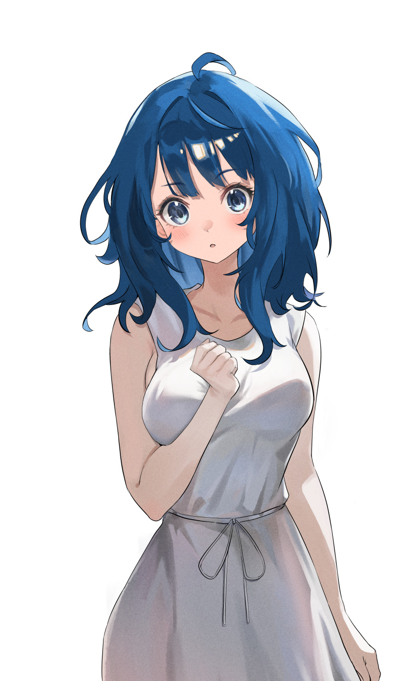 Safebooru - 1girl :o absurdres ahoge bare arms blue eyes blue hair blush breast press breasts ...