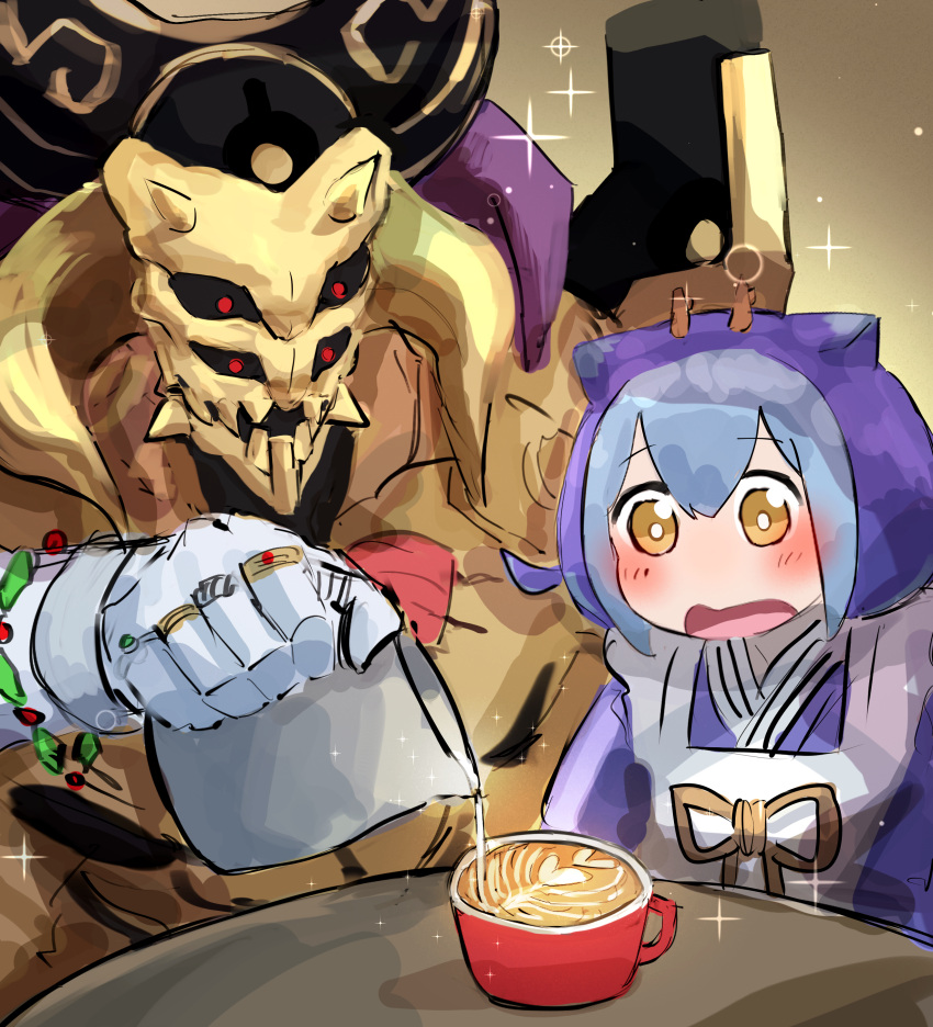 Safebooru - 1boy 1girl absurdres armor blue hair coffee commission ...