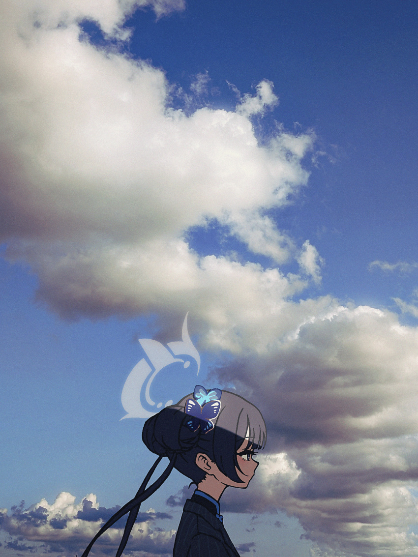 Safebooru - 1girl arms at sides black eyes black hair black jacket blue archive blue butterfly ...