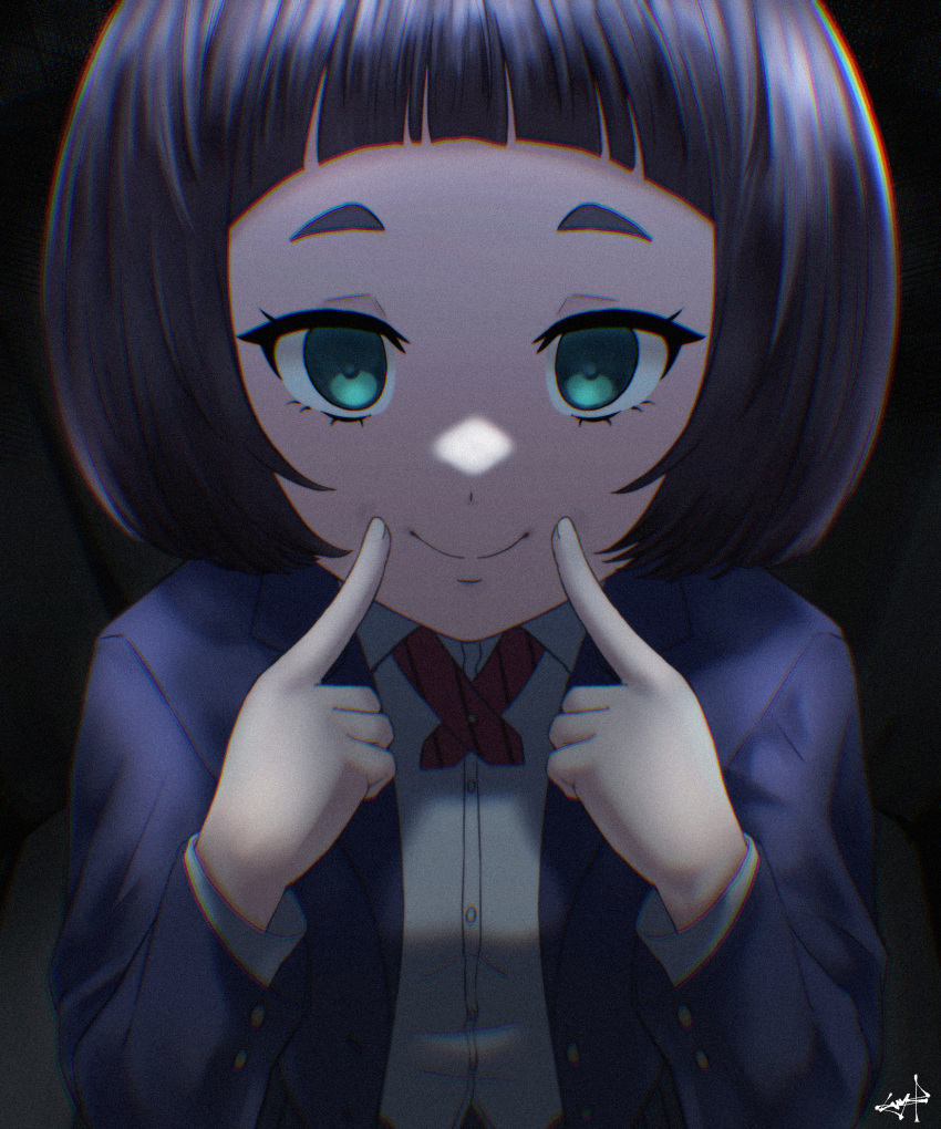 Safebooru - 1girl absurdres black hair blue jacket bob cut chromatic aberration closed mouth ...