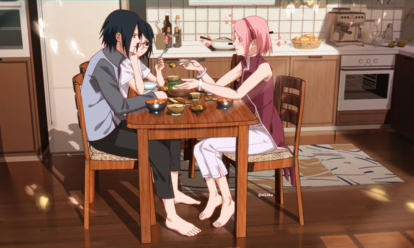 Safebooru - 1boy 2girls barefoot black eyes black hair black pants ...
