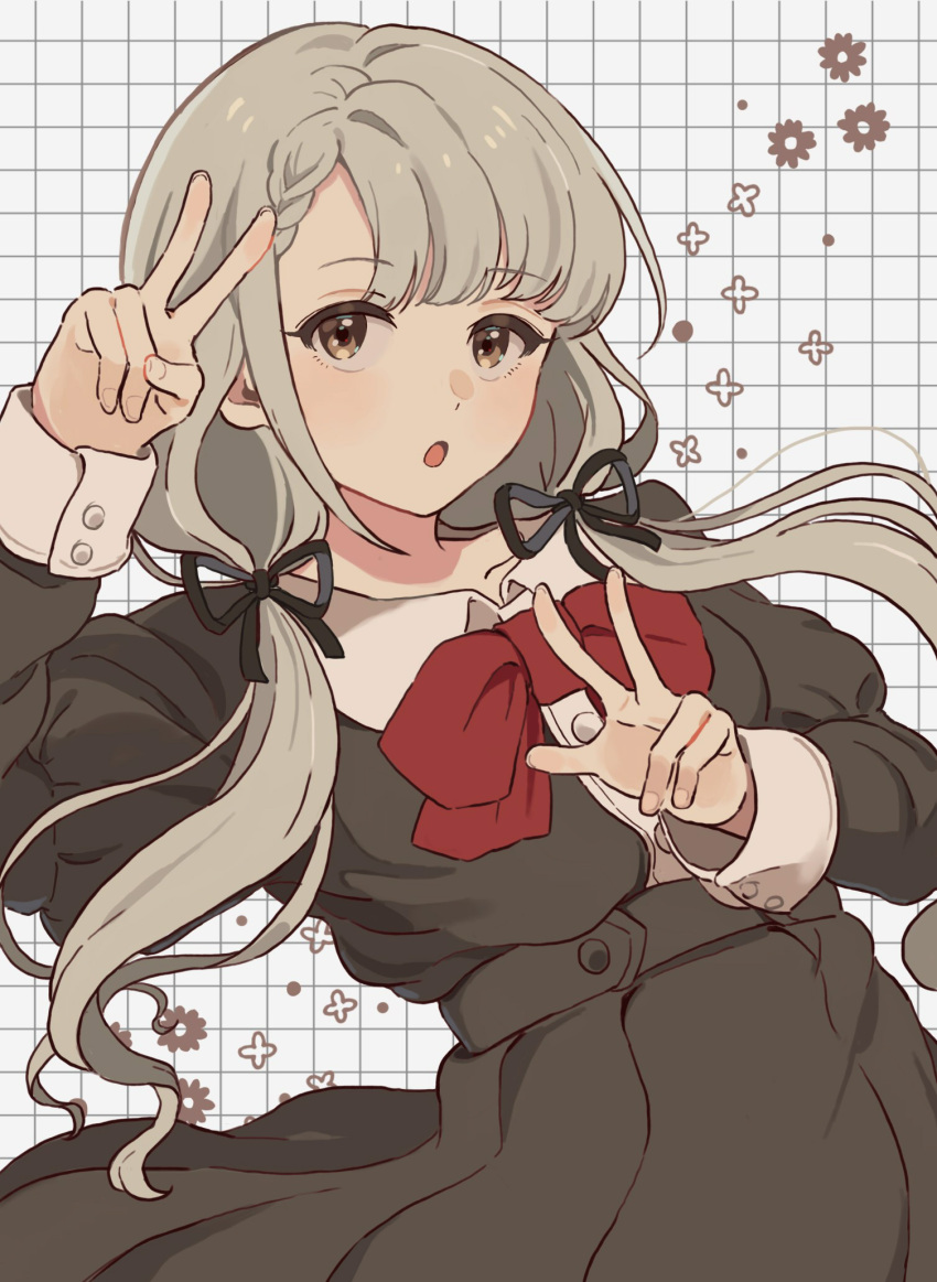 Safebooru - 1girl :o black dress bow bowtie braid braided bangs brown eyes double v dress grey ...