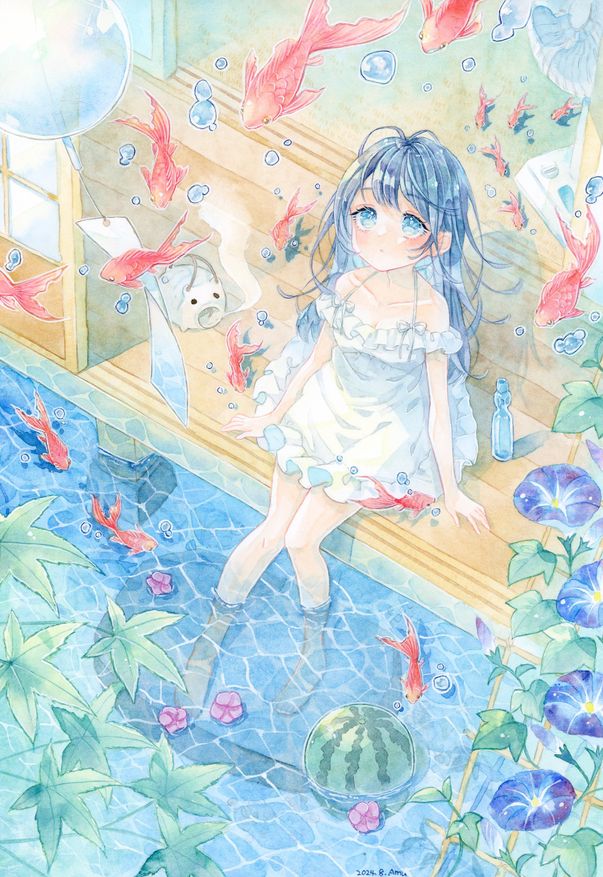 Safebooru - 1girl absurdres ahoge amu (m aa) animal artist name bare shoulders barefoot blue ...