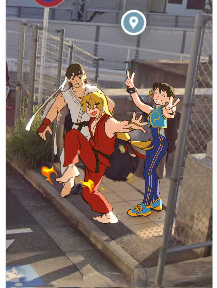 Safebooru - 1girl 2boys ^ ^ barefoot belt black belt black shirt blonde hair blue jacket blue ...