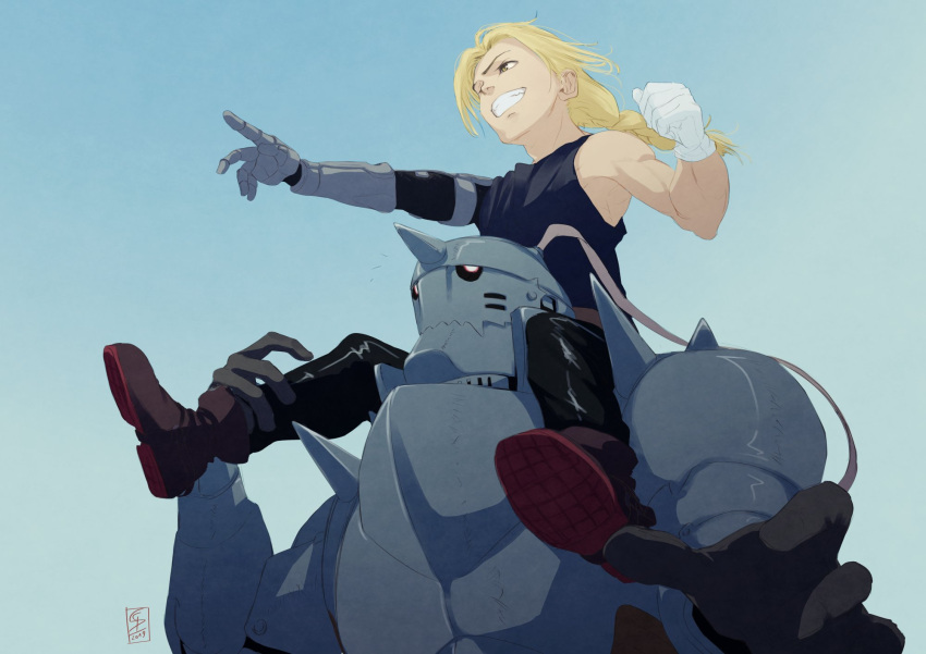 Safebooru - 2boys alphonse elric armor black shirt blonde hair boots braid braided ponytail ...