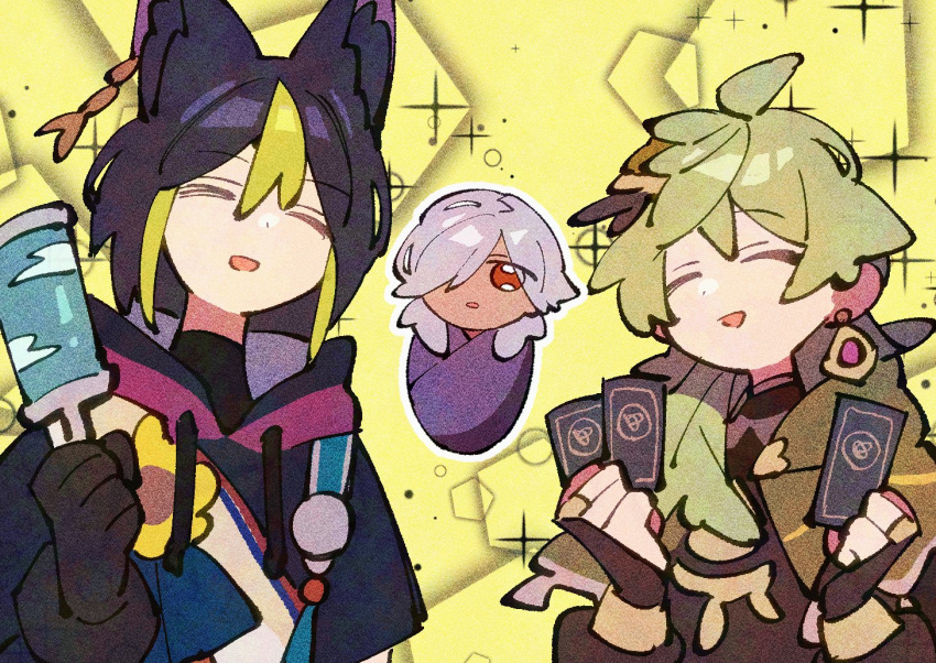 Safebooru - 1girl 2boys aged down ahoge animal ears baby black gloves ...