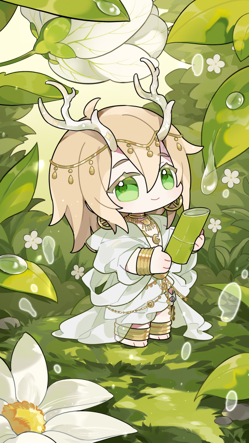 Safebooru - 1boy absurdres alkaid mcgrath anklet antlers bamboo cup barefoot blonde hair bracer ...