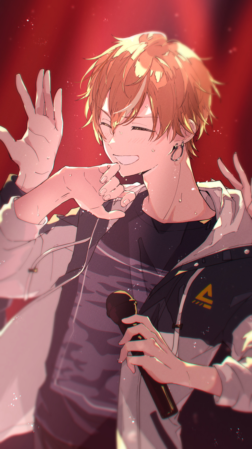 Safebooru - 1boy absurdres arm up chain chain earrings closed mouth disembodied hand drawstring ...