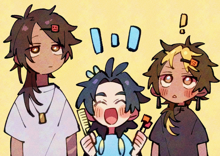 Safebooru - 3boys black shirt blonde hair blue shirt blush comb hair ornament hairclip holding ...