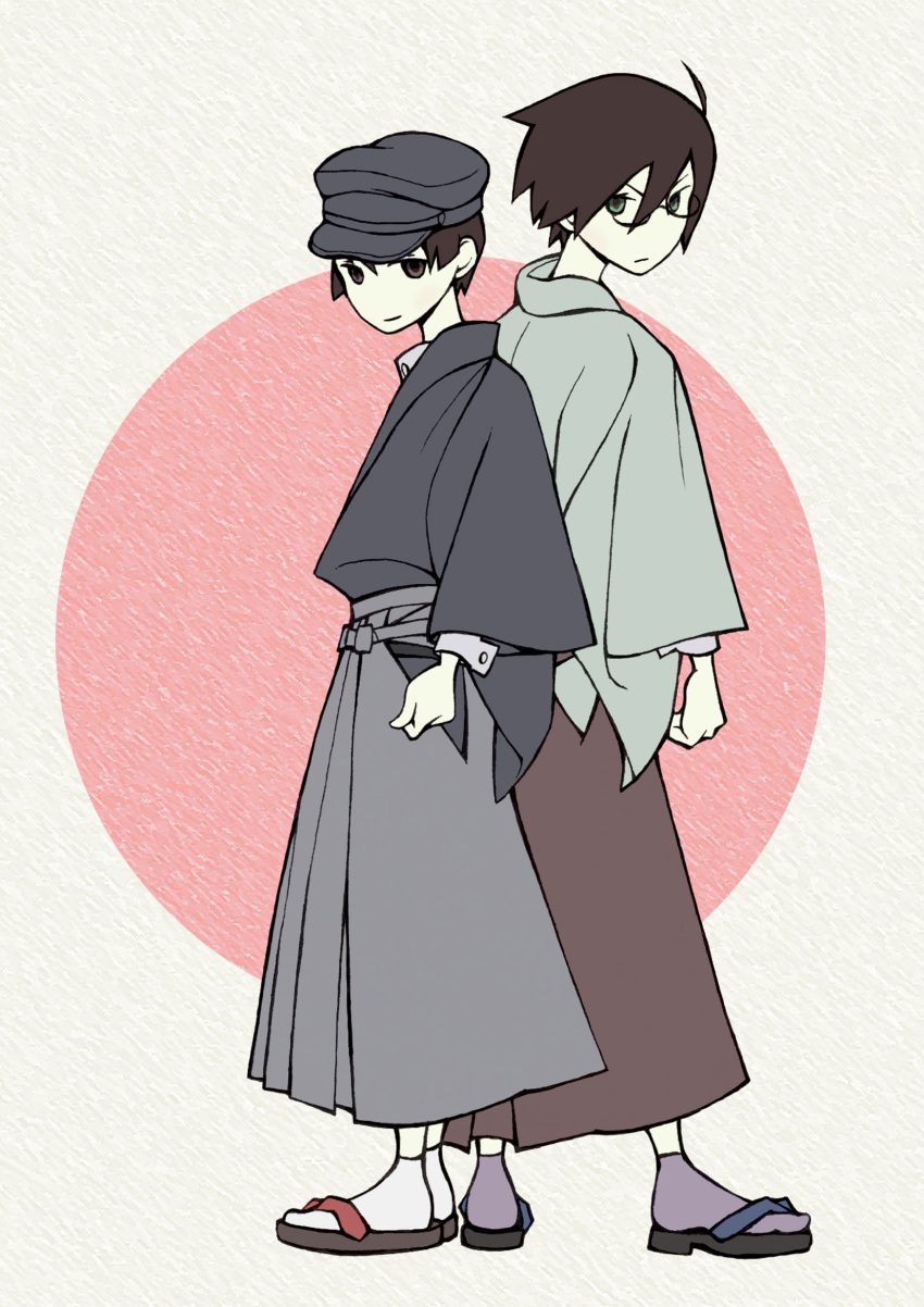 Safebooru - ahoge back-to-back black hair brown eyes geta glasses green ...