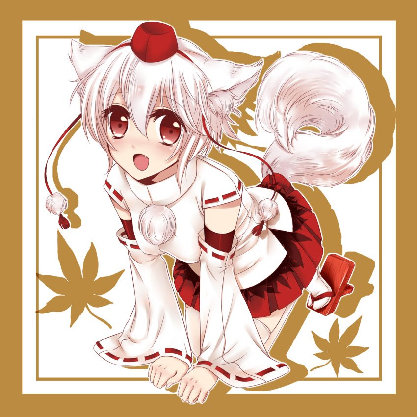 Safebooru - all fours animal ears blush detached sleeves fang geta hat ...